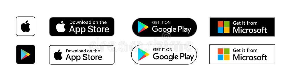 Set of Google Play Store, Apple App Store and Microsoft Store Badges ...