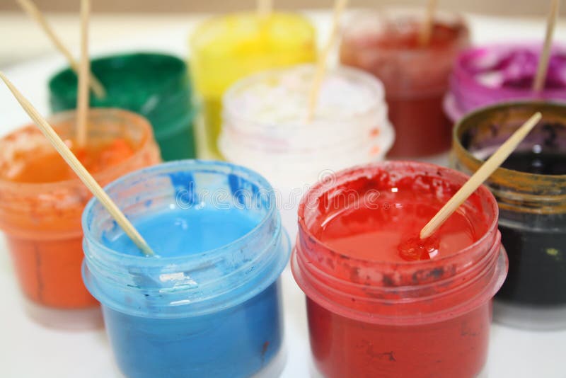 Set of Gouache Paint Pots of Different Colors Stock Photo - Image of ...