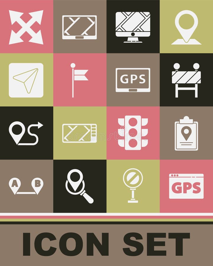 Set Gps Device with Map, Folded Location Marker, Road Barrier, Monitor ... Set Gps Device with Map, Folded Location Marker, Road Barrier, Monitor ...
