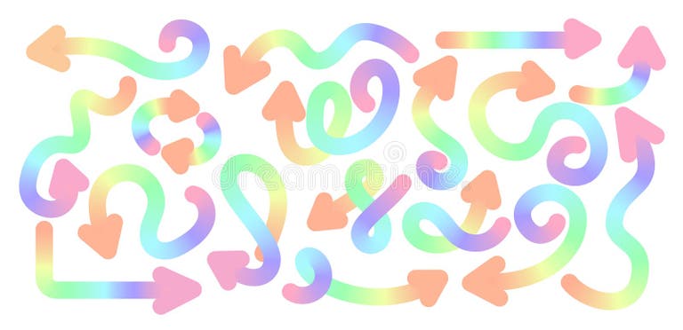 Set of Gradient Iridescent Curved Wavy Arrows .Collection of Linear ...