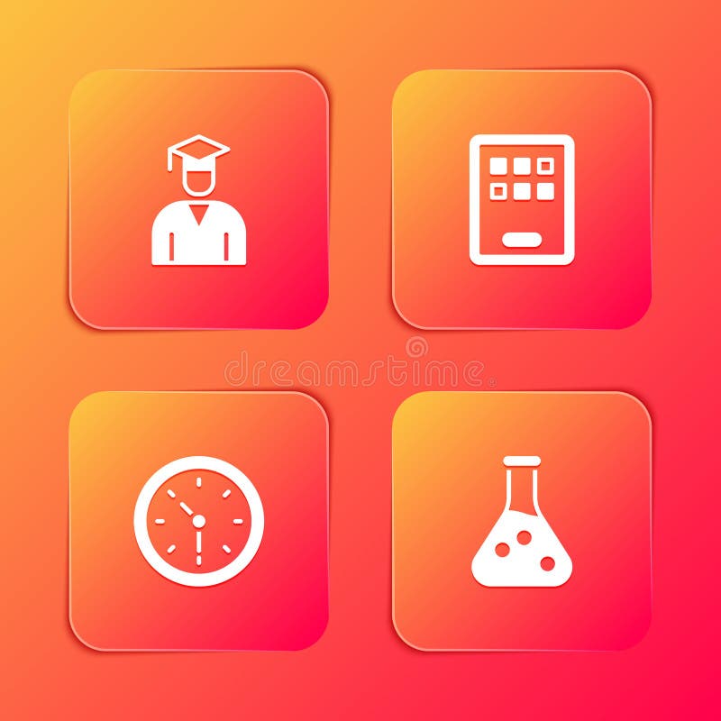 Set Graduate and Graduation Cap, Graphic Tablet, Clock and Test Tube ...