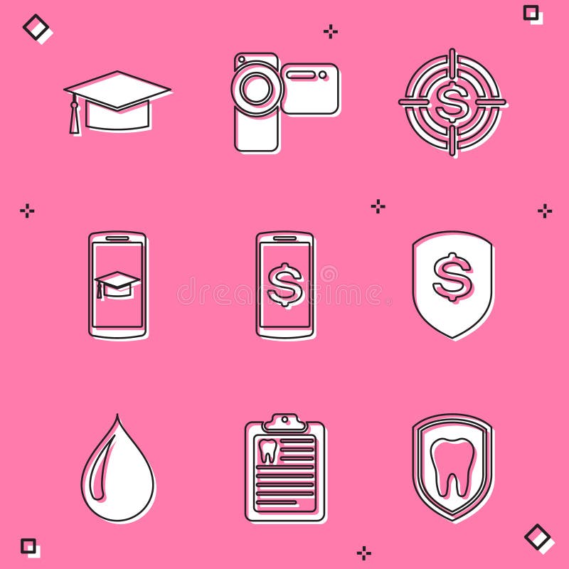 Set Graduation Cap, Cinema Camera, Target with Dollar, Mobile ...