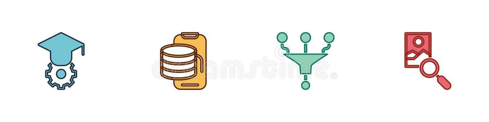 Set Graduation Cap, Cloud Technology Data Transfer, Funnel or Filter and Photo Retouching Icon ...