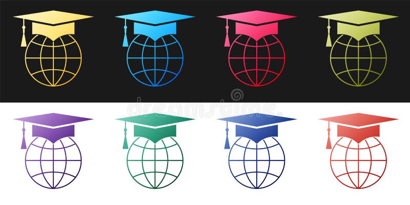 Set Graduation Cap on Globe Icon Isolated on Black and White Background ...
