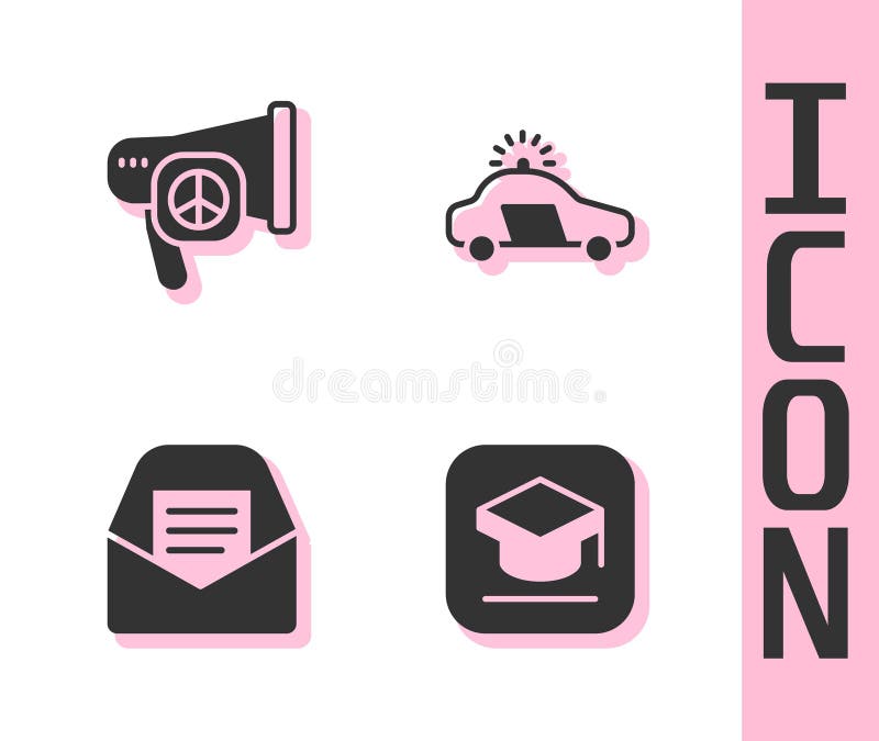 Set Graduation Cap, Peace, Mail and E-mail and Police Car Flasher Icon ...