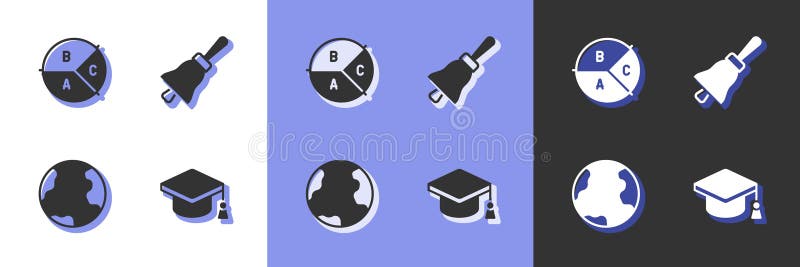 Set Graduation Cap, Pie Chart Infographic, Earth Globe and Ringing Bell ...