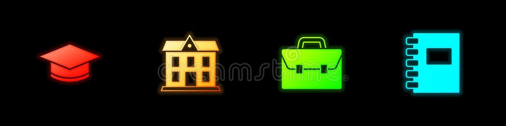Set Graduation Cap, School Building, Briefcase and Spiral Notebook Icon ...