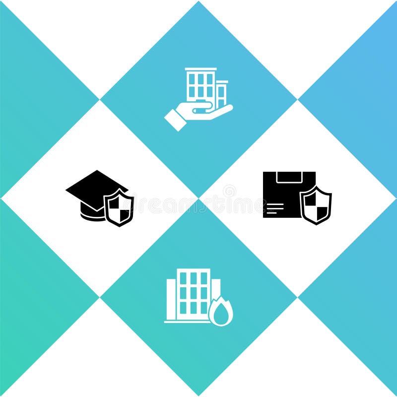 Set Graduation Cap with Shield, Fire in Burning House, House Insurance ...