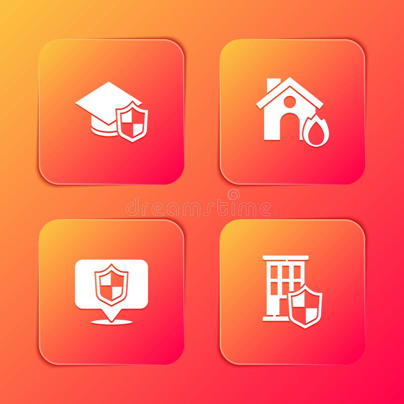 Set Graduation Cap with Shield, Fire in Burning House, Location and ...