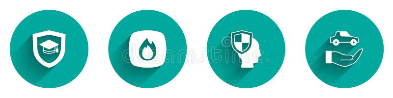 Set Graduation Cap with Shield, Fire Flame, Life Insurance and Car Icon ...