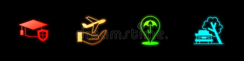 Set Graduation Cap with Shield, Plane in Hand, Umbrella and Car Damaged ...