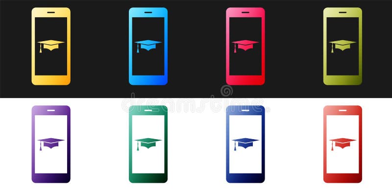 Set Graduation Cap and Smartphone Icon. Online Learning or E-learning ...