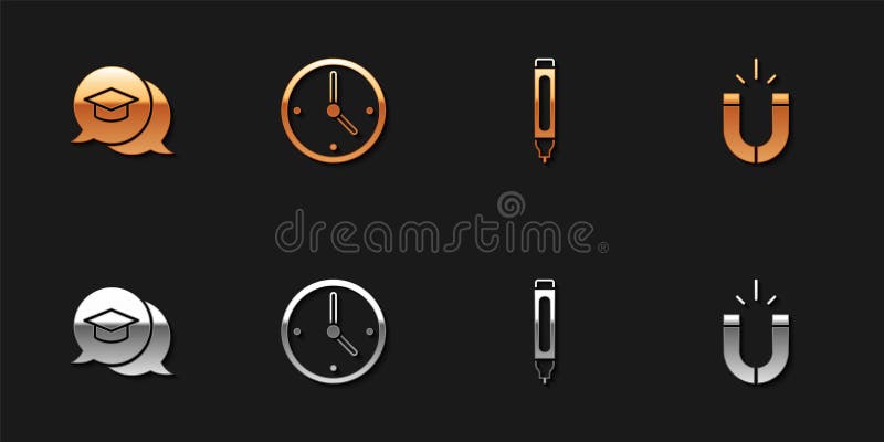 Set Graduation Cap in Speech Bubble, Clock, Marker Pen and Magnet Icon ...