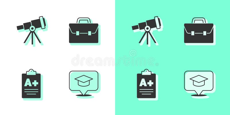 Set Graduation Cap in Speech Bubble, Telescope, Exam Sheet with a Plus ...
