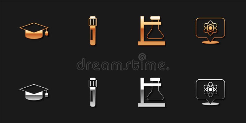Set Graduation Cap, Test Tube, Flask Stand and Atom Icon. Vector Stock ...
