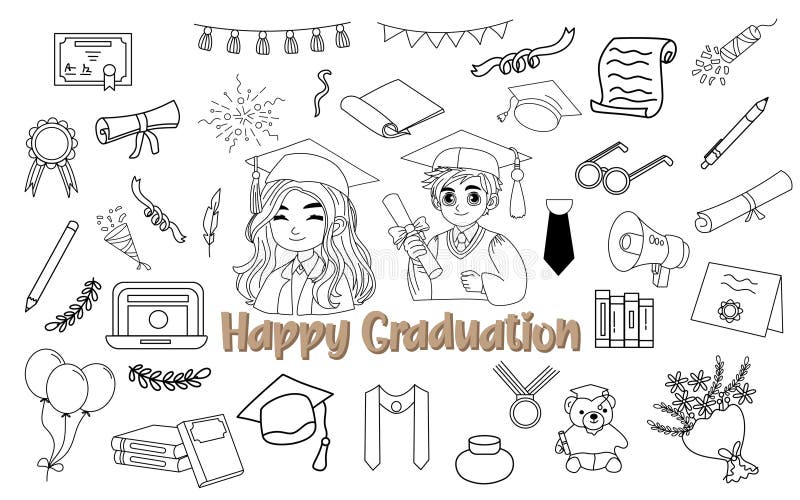 Set of Graduation Doodle Hand Drawn Line Art Icon Stock Vector ...