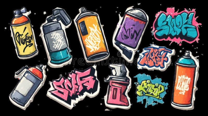 Set of Graffiti Stickers with Spray Cans and Tags on Transparent ...