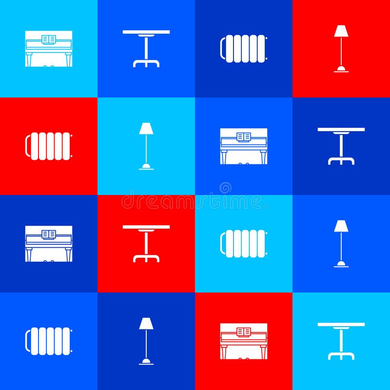 Set Grand Piano, Round Table, Heating Radiator and Floor Lamp Icon ...