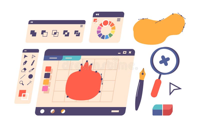 Set of Graphic Designer Tools, Eraser, Tablet Pc, Magnifier, Stylus ...