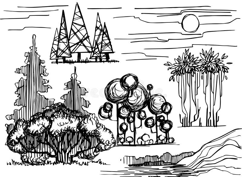 Set of Graphic Line Illustration , the Entourage of Trees on a White ...