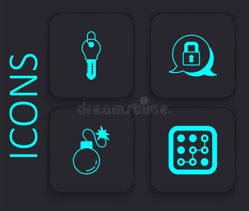 Set Graphic Password Protection, Key, Lock and Bomb Icon. Black Square ...