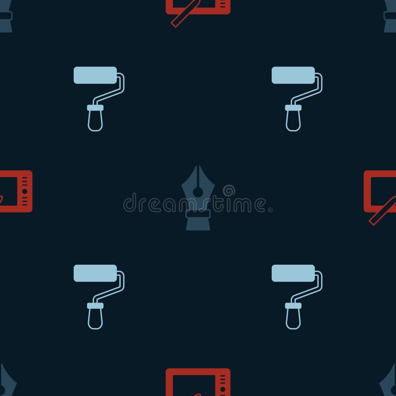 Set Graphic Tablet, Fountain Pen Nib and Paint Roller Brush on Seamless Pattern. Vector Stock ...