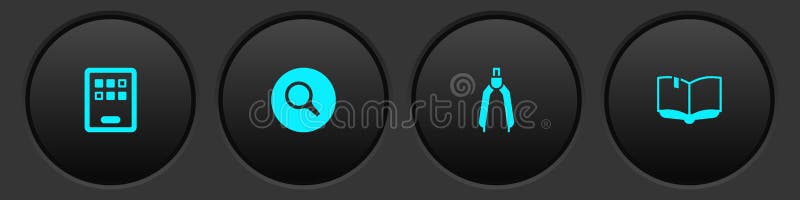 Set Graphic Tablet, Magnifying Glass, Drawing Compass and Open Book ... Set Graphic Tablet, Magnifying Glass, Drawing Compass and Open Book ...