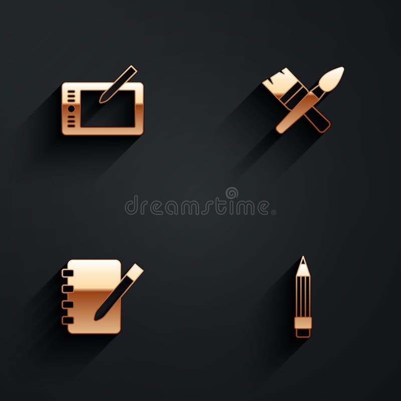 Set Graphic Tablet, Paint Brush, Notebook and Pencil with Eraser Icon ...