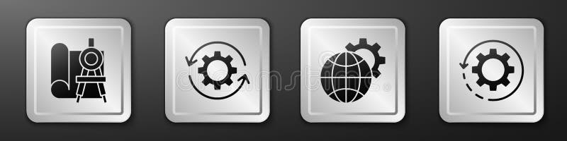 Set Graphing Paper And Compass, Gear And Arrows As Workflow, Globe Of ...