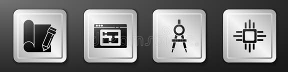 Set Graphing Paper and Pencil, House Plan, Drawing Compass and Processor with Microcircuits CPU ...