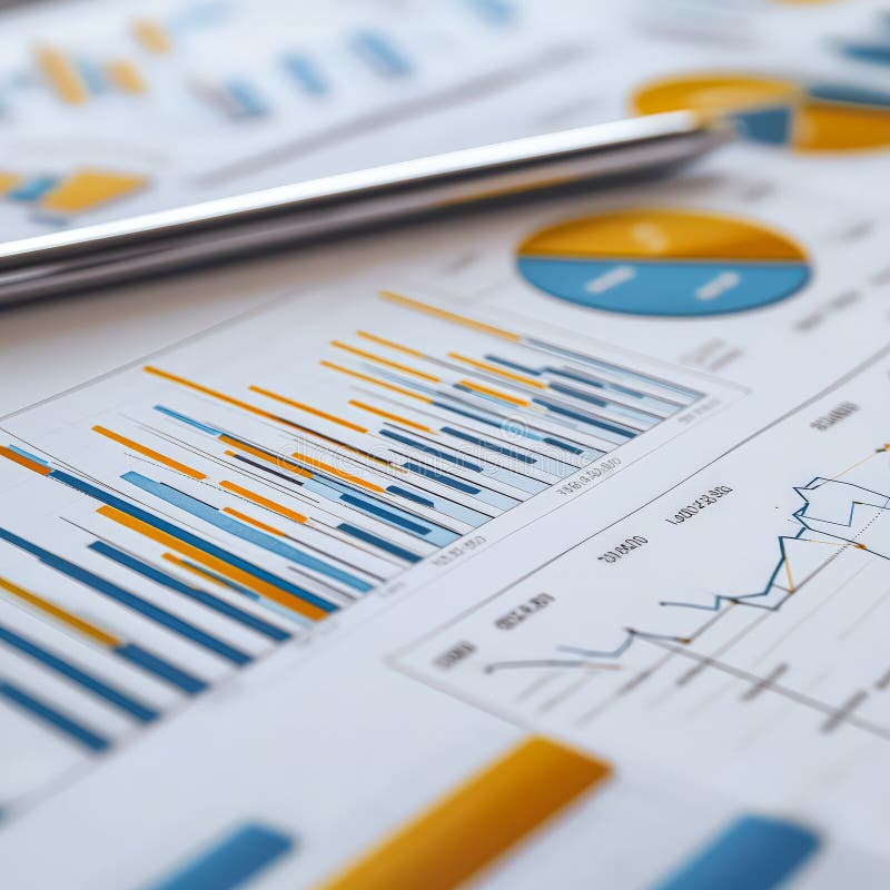 Set of Graphs and Charts are Laid Out on a Table with a Pen and a Ruler ...