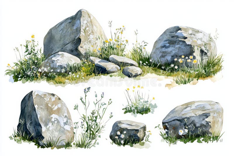 Set of Grass, Modern Green Tree Side View Isolated on White Background ...