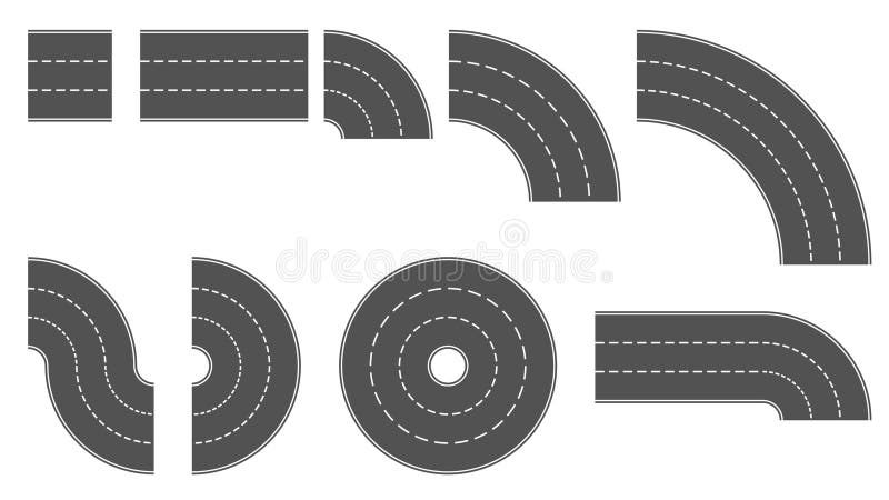 Set of Gray Section of Road with Three Lanes Separated by Dashed Line ...