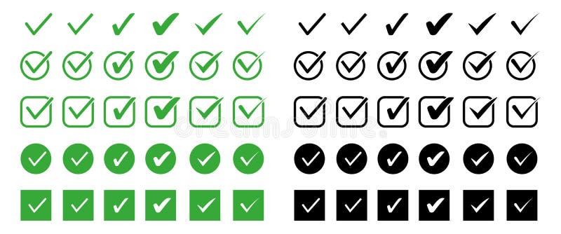 Set of Green and Black Check Mark Flat Icon. Silhouette of Tick Mark in ...