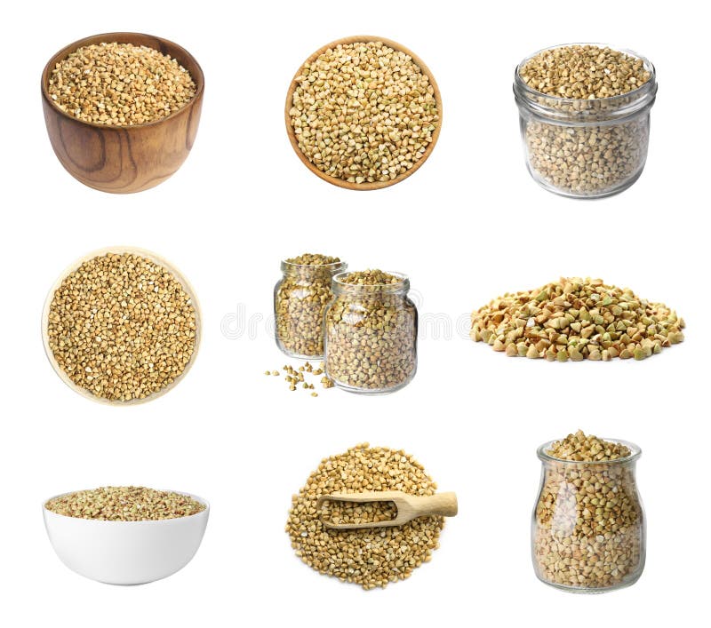 Set with Green Buckwheat on White Background Stock Photo - Image of ...