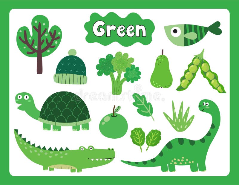 Set of Green Color Objects. Primary Colors Flashcard with Green ...