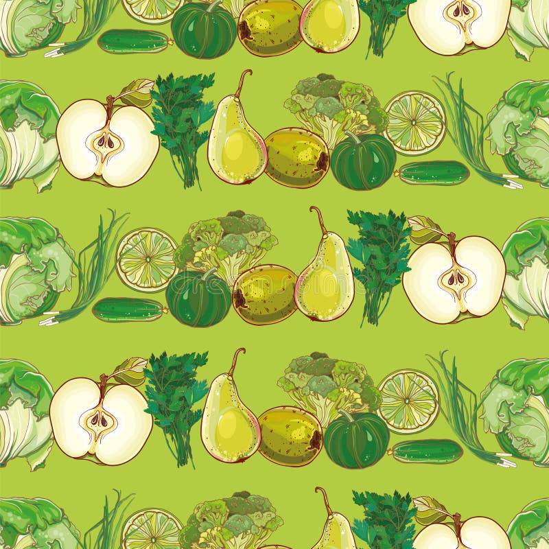 Set of Green Fruits and Vegetables on Light Green Pattern Stock Vector ...