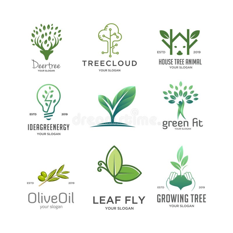 Set of Green Leaf Tree Logo Stock Illustration - Illustration of idea ...