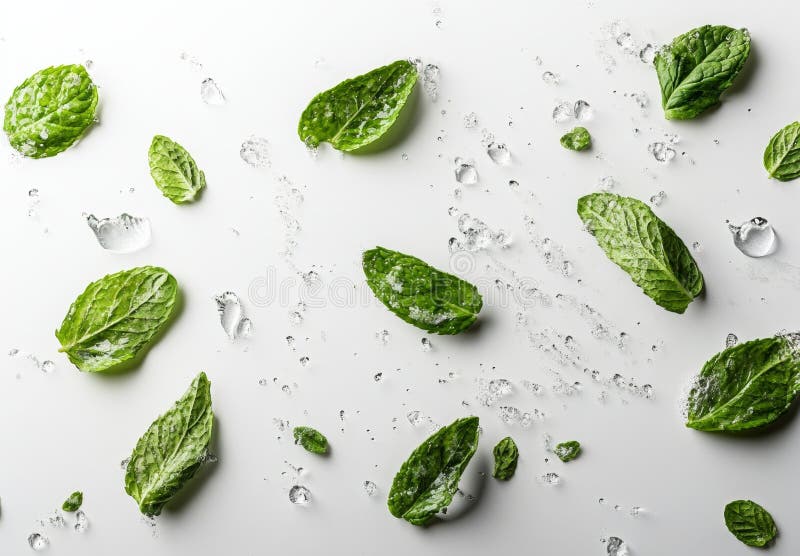 A Set of Green Mint Leaves, Fresh and Splashing with Water, Isolated ...