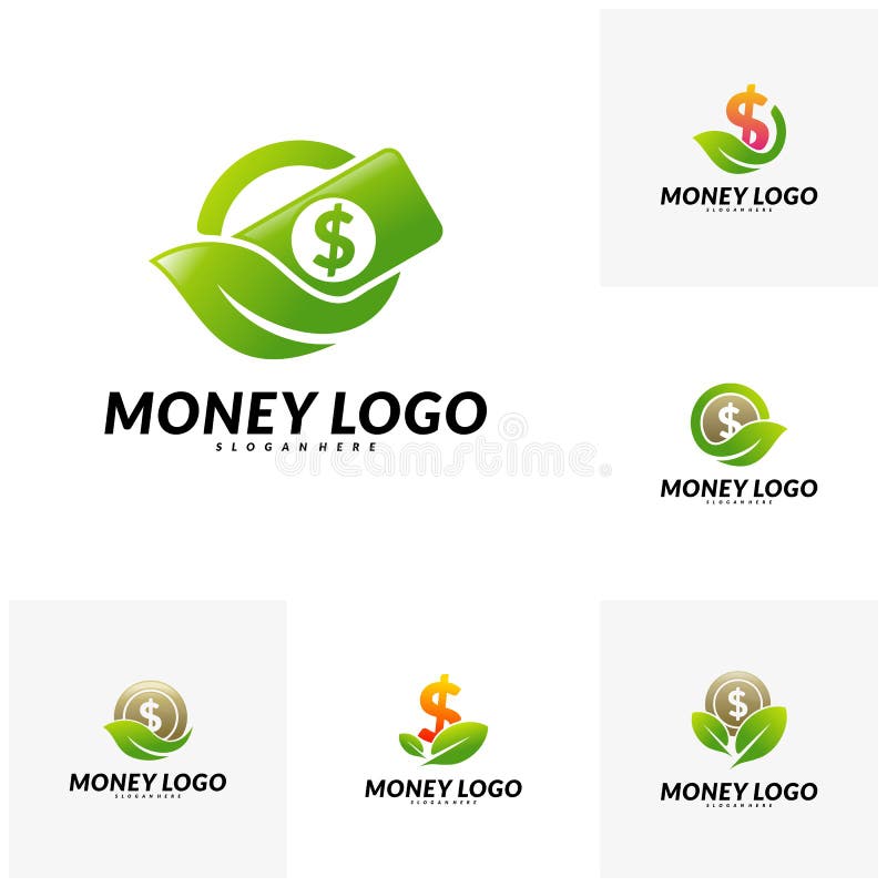 Set of Green Money Logo Design Concept Vector. Coin with Leaf Logo ...
