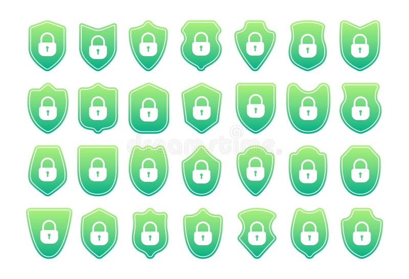 Set of Green Security Shields with Padlock Icons, Representing Digital ...