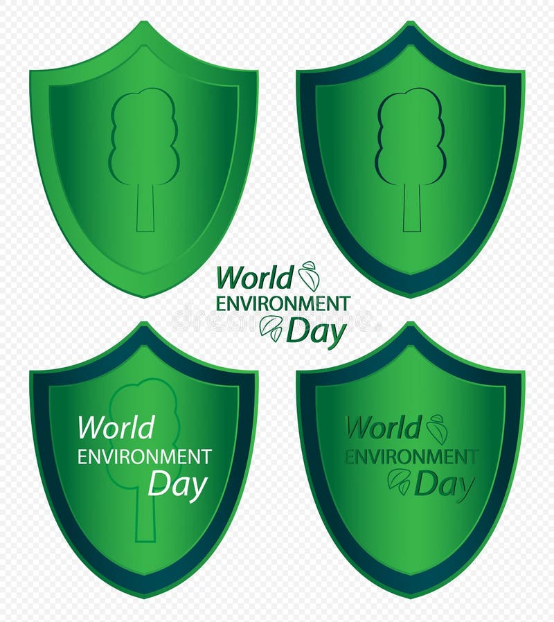 Set of Green Shield with Tree and Leaves Stock Illustration ...