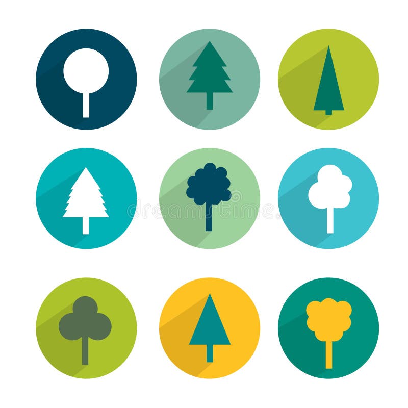 Set of Green Trees Modern Circle Sign Shadows Icons. Stock Vector ...