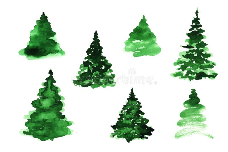 Set of Green Watercolor Trees. Spruce Hand Painted Design Element ...