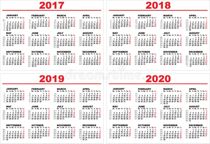 Set Grid Wall Calendar for 2017, 2018, 2019, 2020 Stock Vector ...