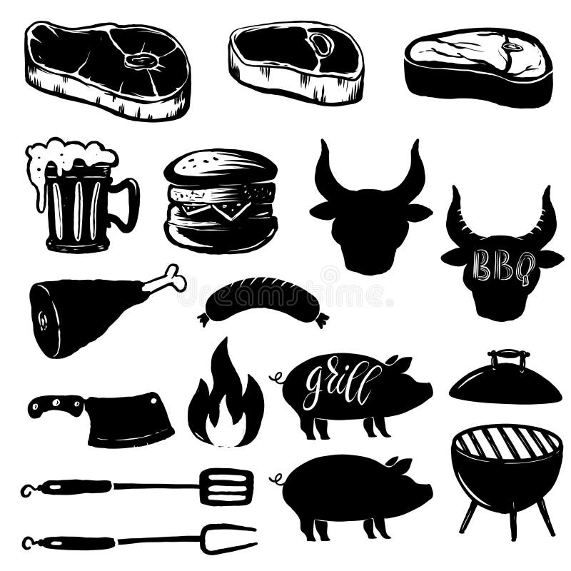 Set of Grill Design Elements. Steak, Grill, Burger, Beer Mug, Meat ...
