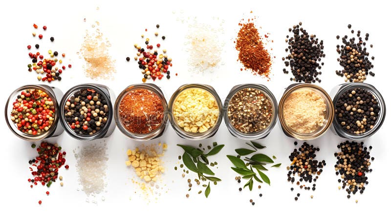 Set of Grinders with Different Ground Peppers and Corns on White ...