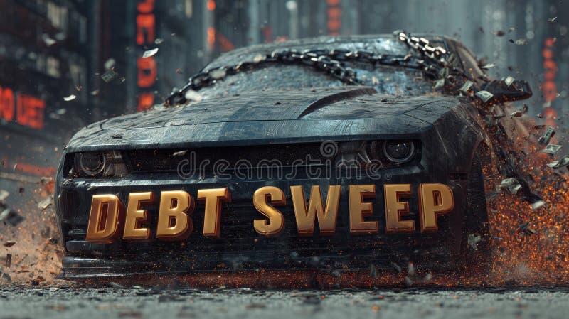 Bold Metallic Letters Proclaim Debt Sweep Amid a Gritty City Landscape ...