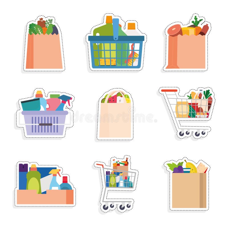 Set of grocery stickers. stock vector. Illustration of lunch - 59304640