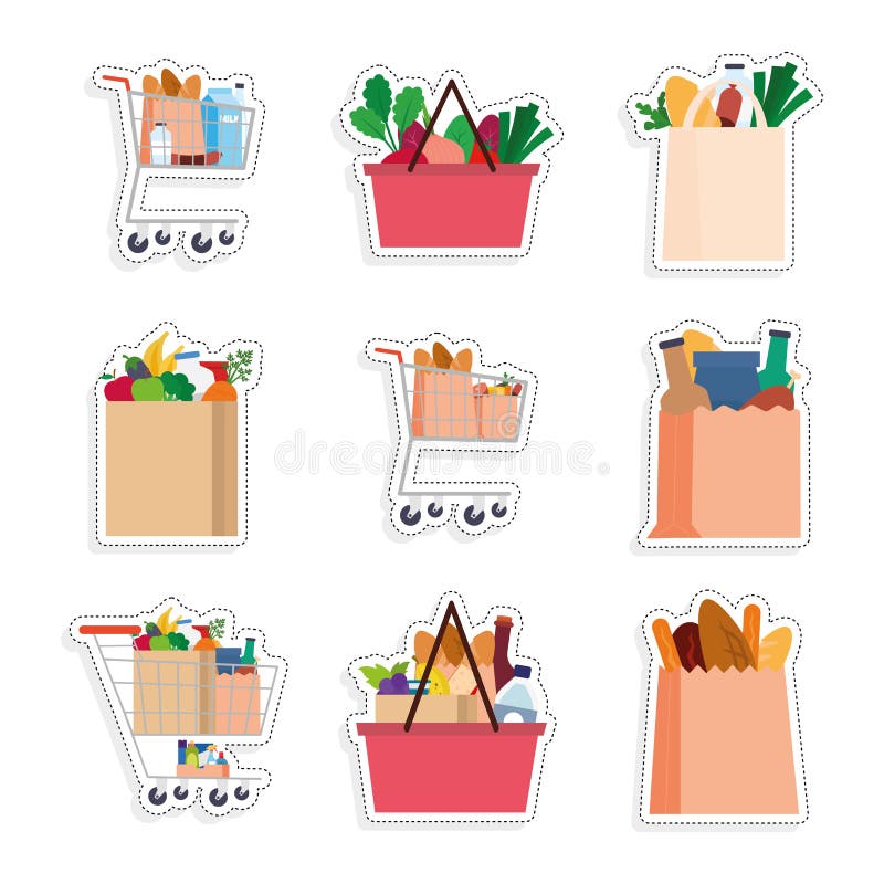 Set of grocery stickers. stock vector. Illustration of lunch - 59304640